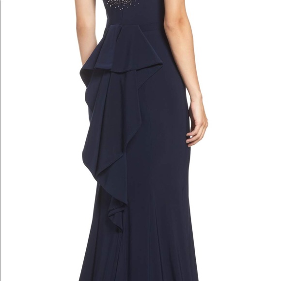 Xscape | Dresses | Xscape Beaded Ruffle Back Jersey Trumpet Gown | Poshmark